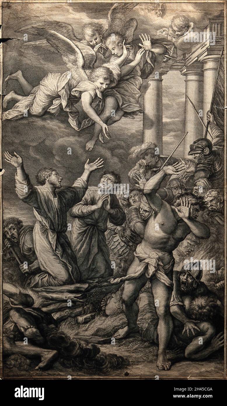 Martyrdom of Saint Cosmas and Saint Damian. Engraving by P. Simon after ...