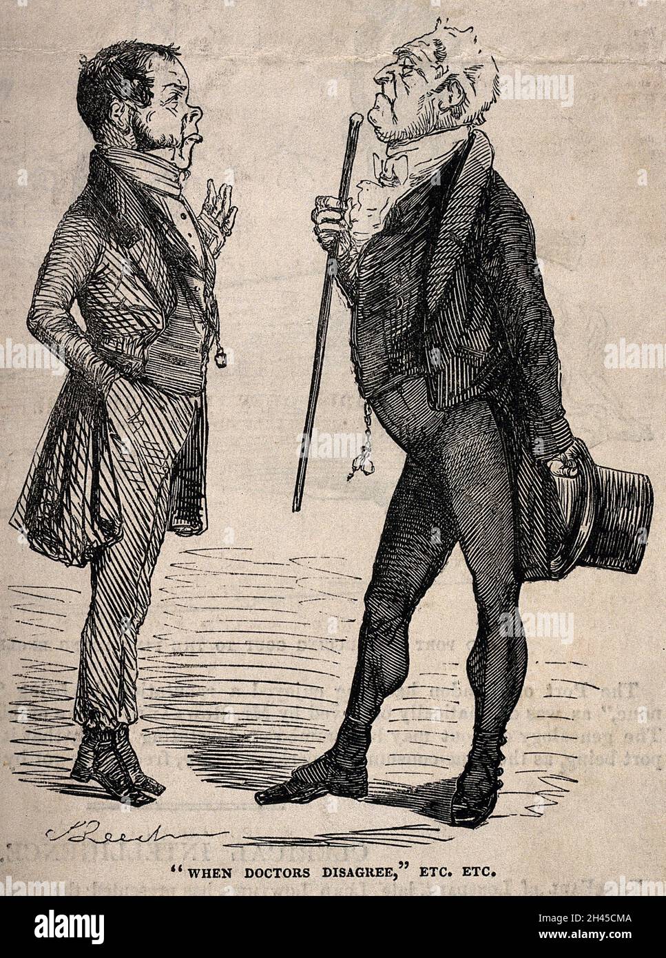 Two doctors aloof from one another in disagreement. Wood engraving ...