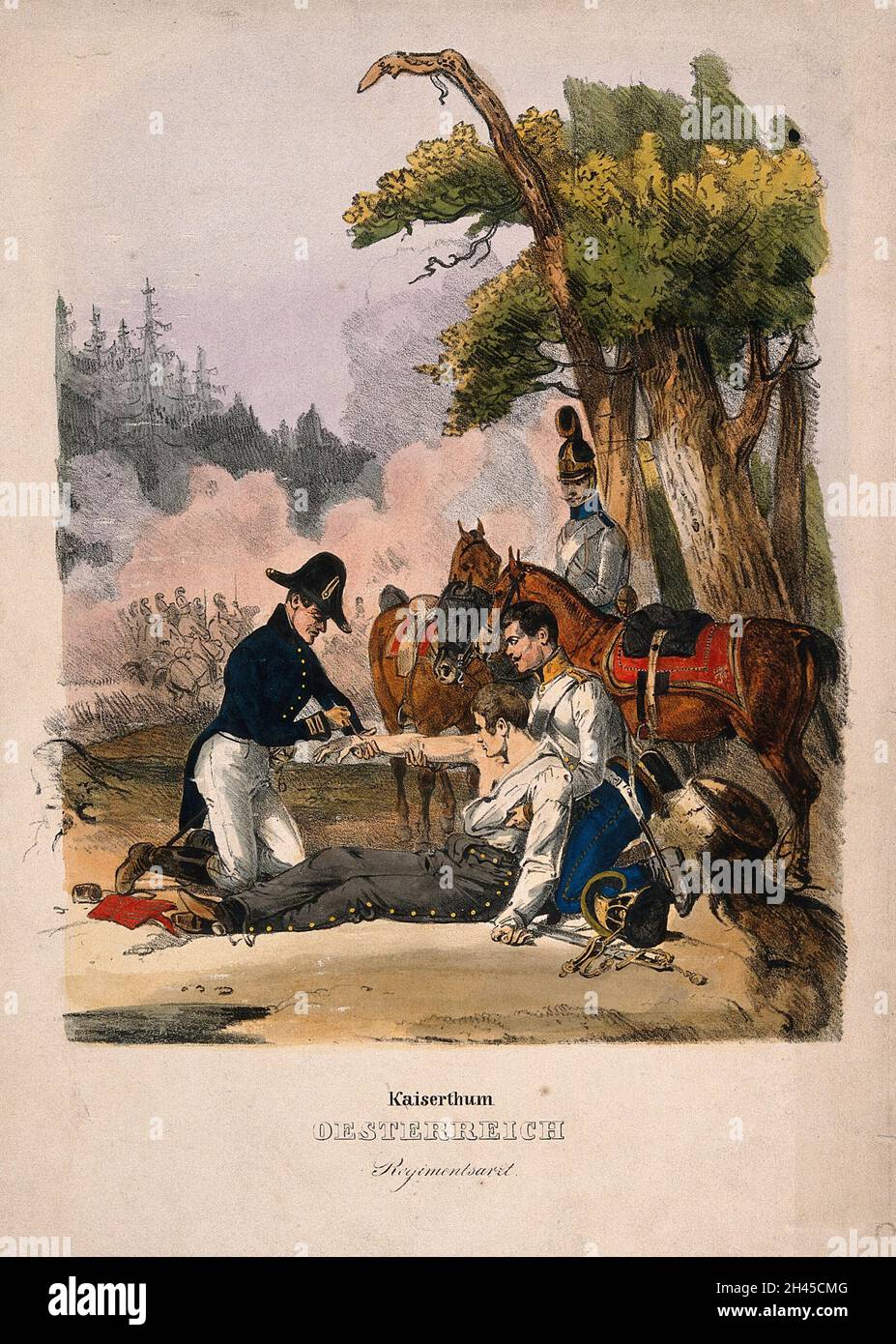 A German army medical officer treating a wounded man who is supported ...