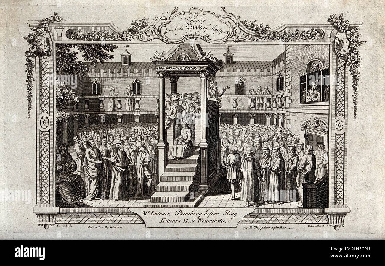 Bishop Hugh Latimer preaching before Edward VI at Westminster. Etching ...