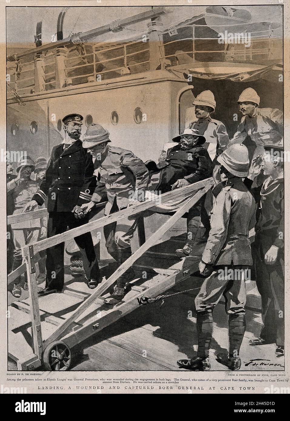 Boer War: a wounded Boer General prisoner being taken off the ship at ...