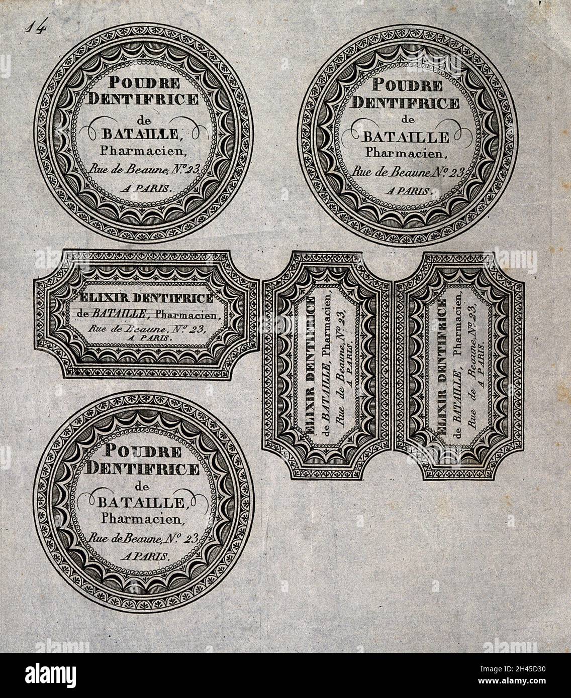 Five designs for toothpaste powder labels for a French pharmacist ...