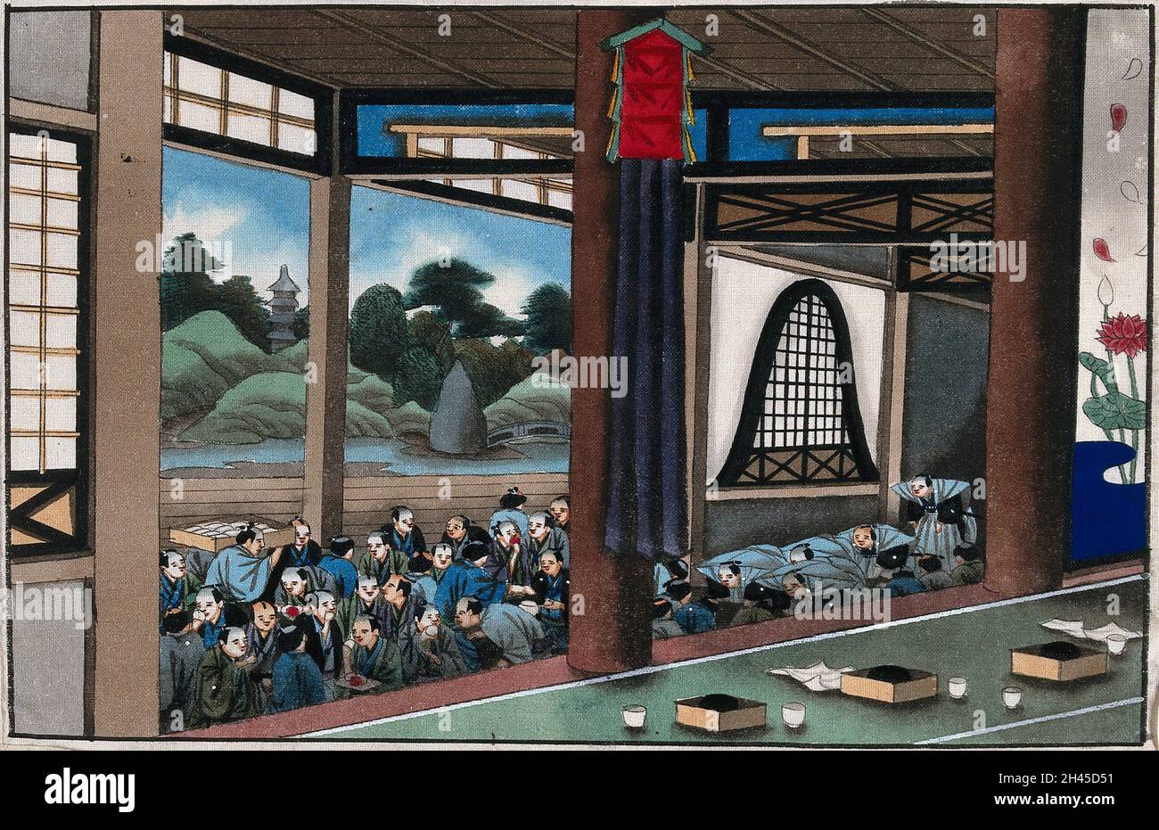 Japanese funeral customs: seated on the verandah of a temple, mourners ...
