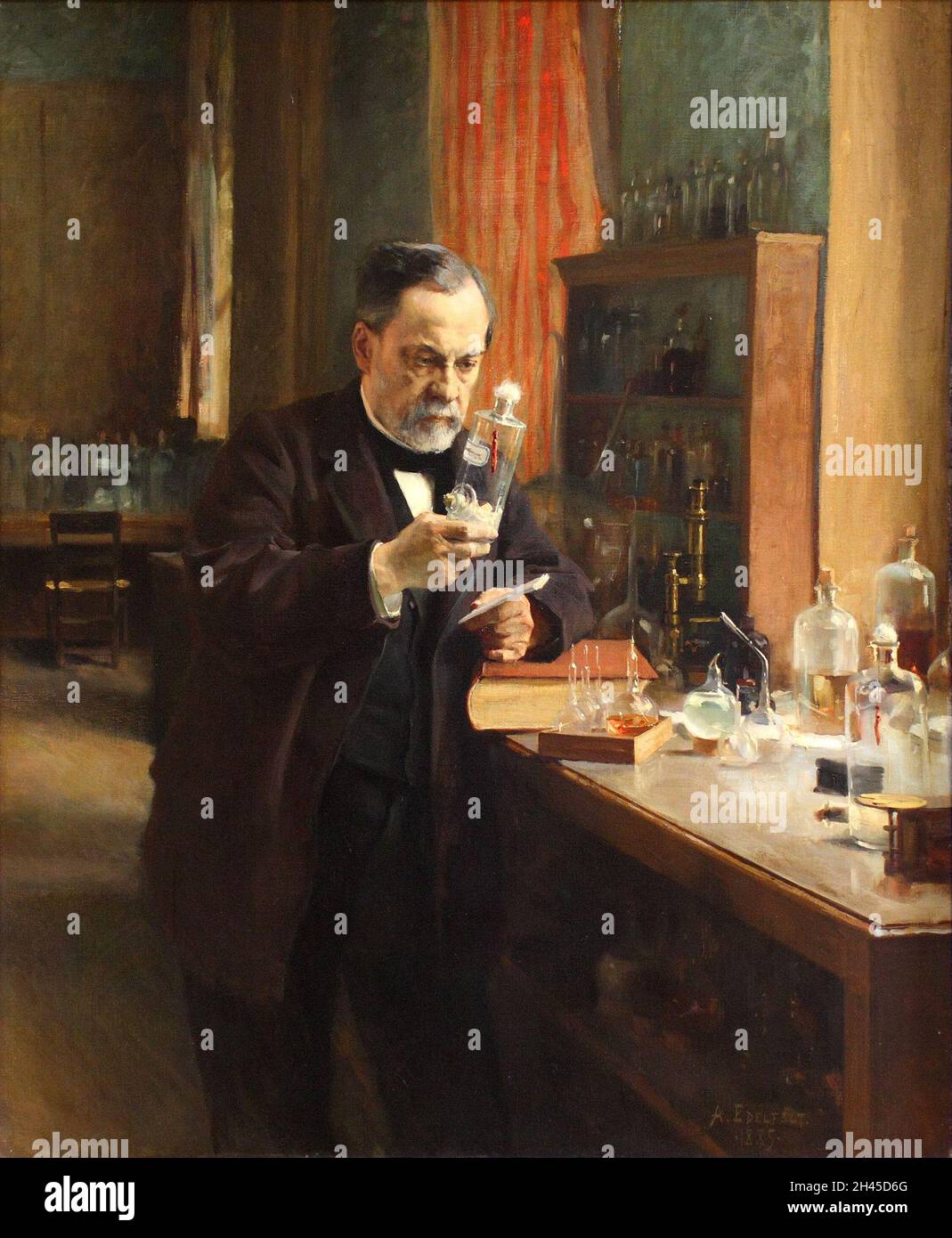 A painting of the French microbiologist Louis Pasteur working in his ...