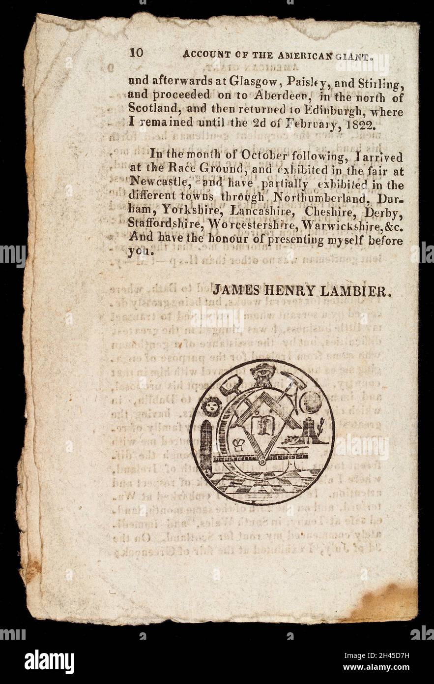 Back page of pamphlet showing a Masonic crest of arms Stock Photo - Alamy