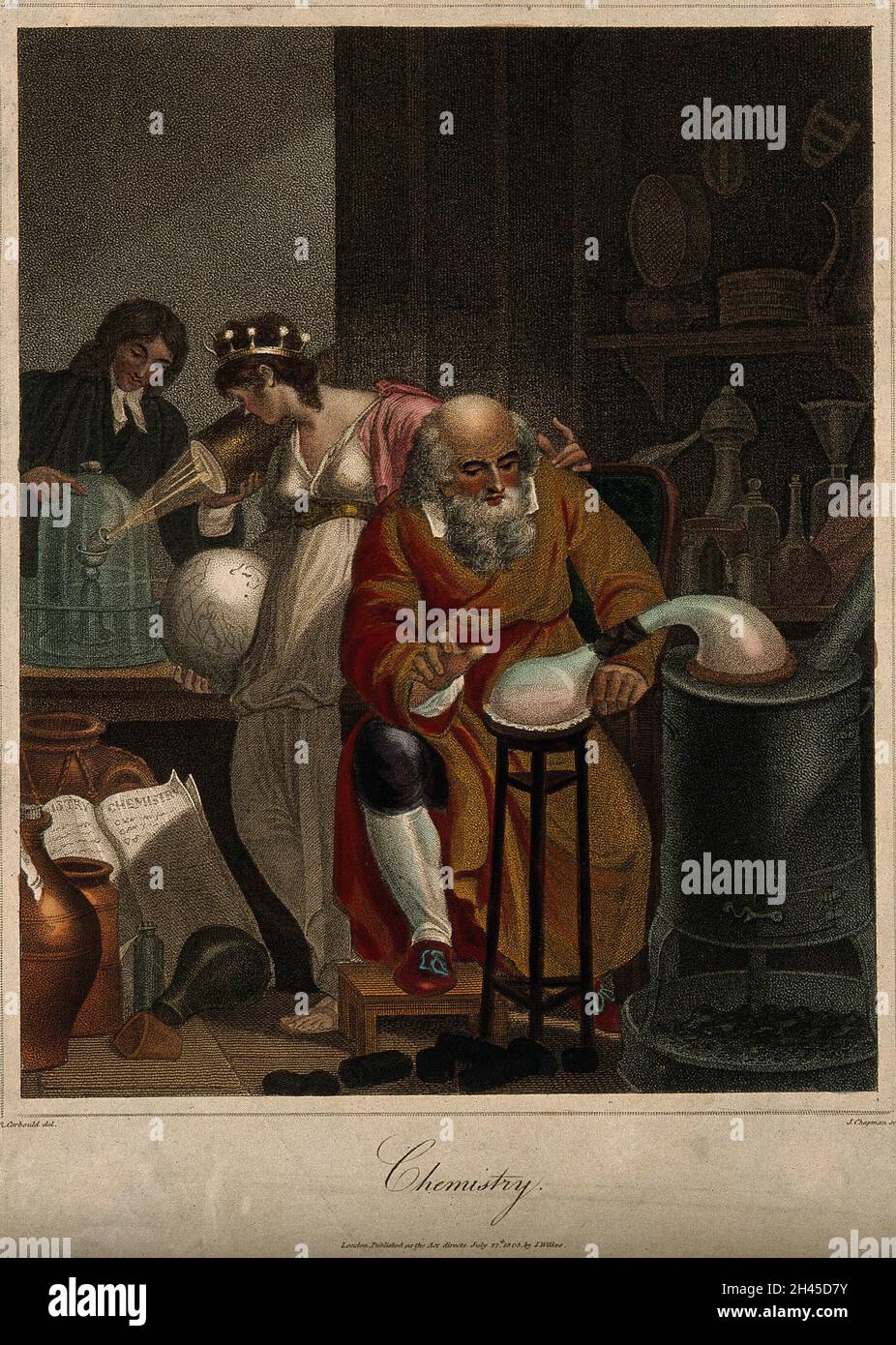 A man conducts an alchemical experiment with an alembic, in the ...