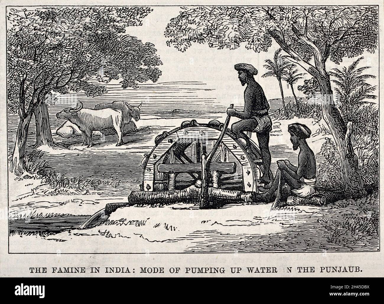 A man raising water with a water-wheel during a famine in India. Wood ...