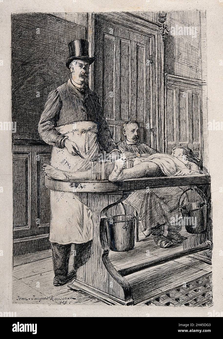 An anatomist, "Mr Le Professeur C...", dissecting a cadaver laid out on ...