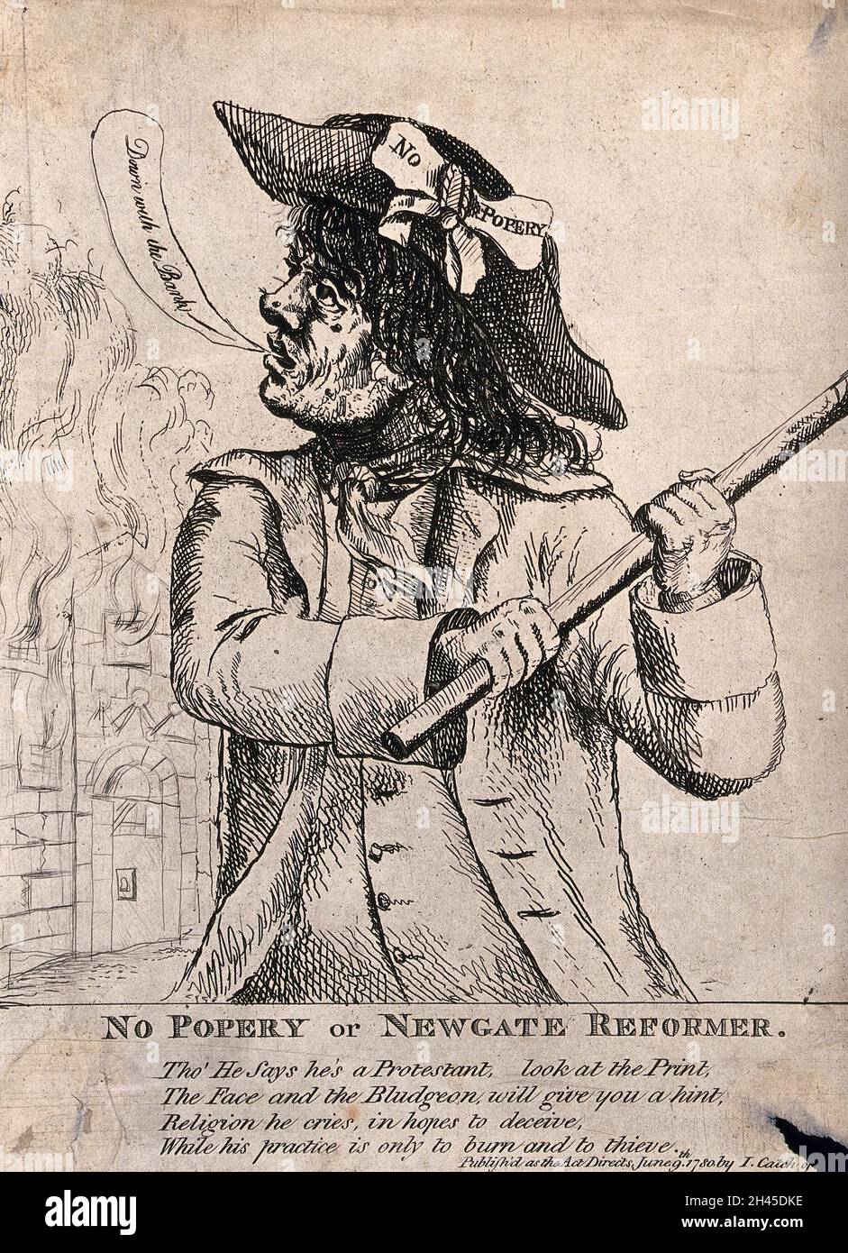 A rioter in the Gordon Riots has a cudgel in his hand and Newgate ...