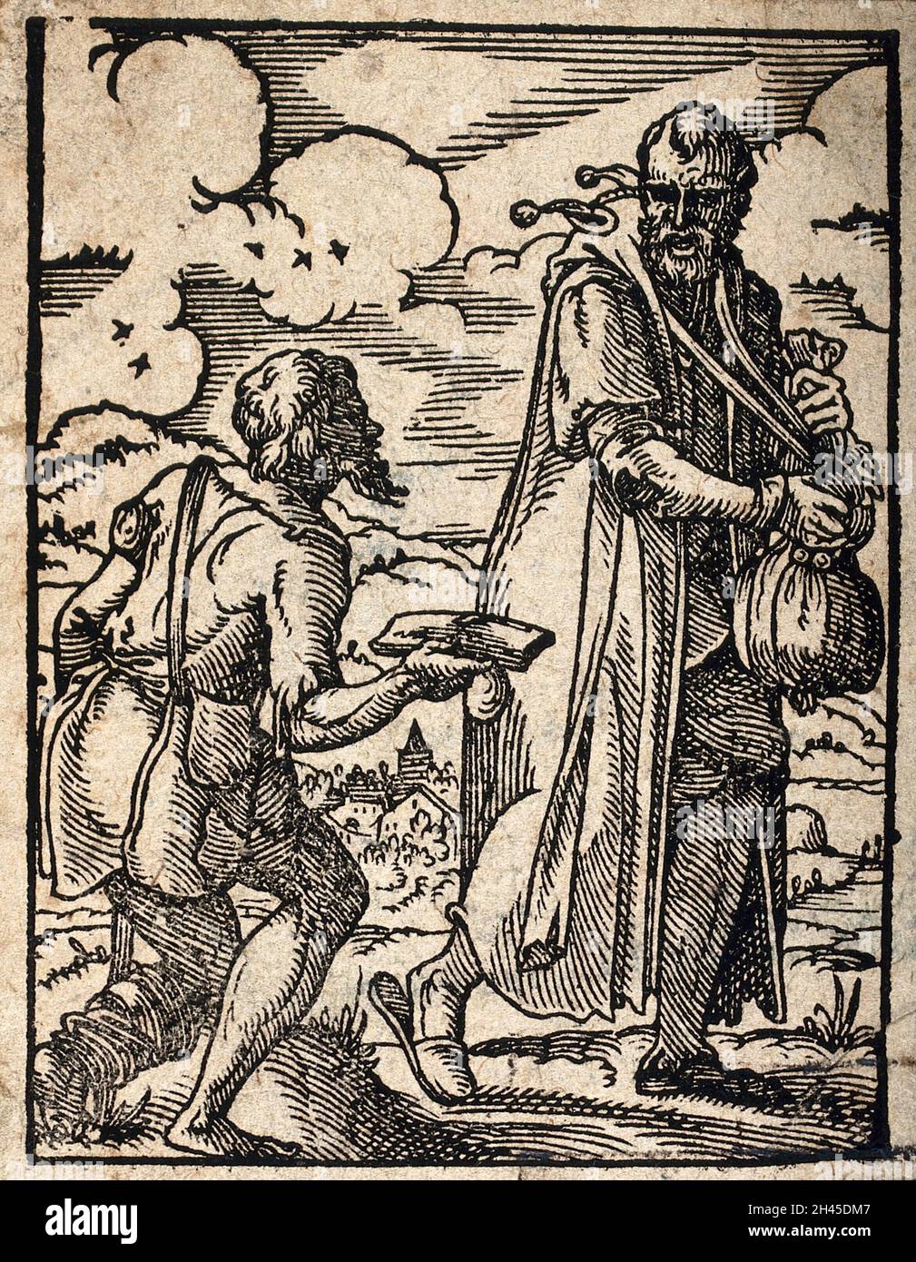 A miser and usurer holding a money-bag is accosted by a poor man on ...