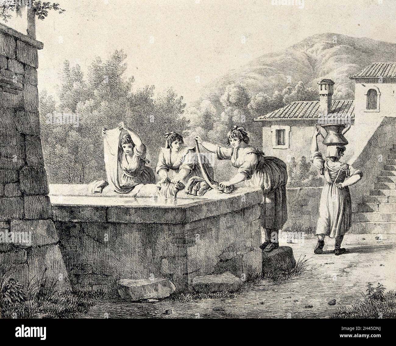 Women washing clothes in a large out-door cistern. Lithograph Stock ...