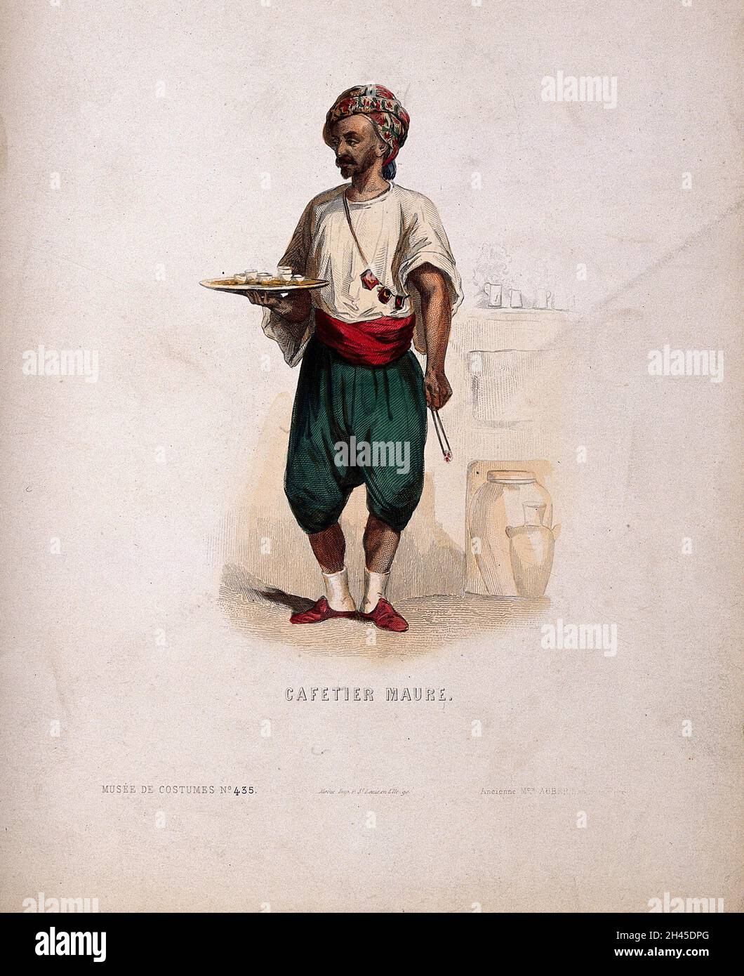 A Turkish coffee vendor with a tray of coffee cups. Coloured engraving ...