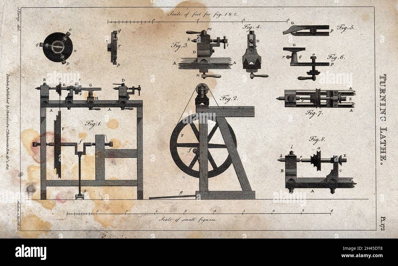 Carpentry: a treadle-operated lathe, with an assortment of tools for ...