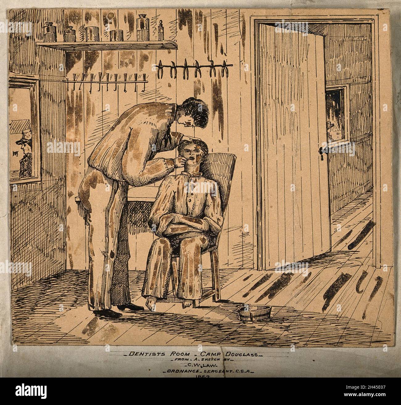 A dentist in his surgery with patient at Camp Douglas. Pen drawing by C ...