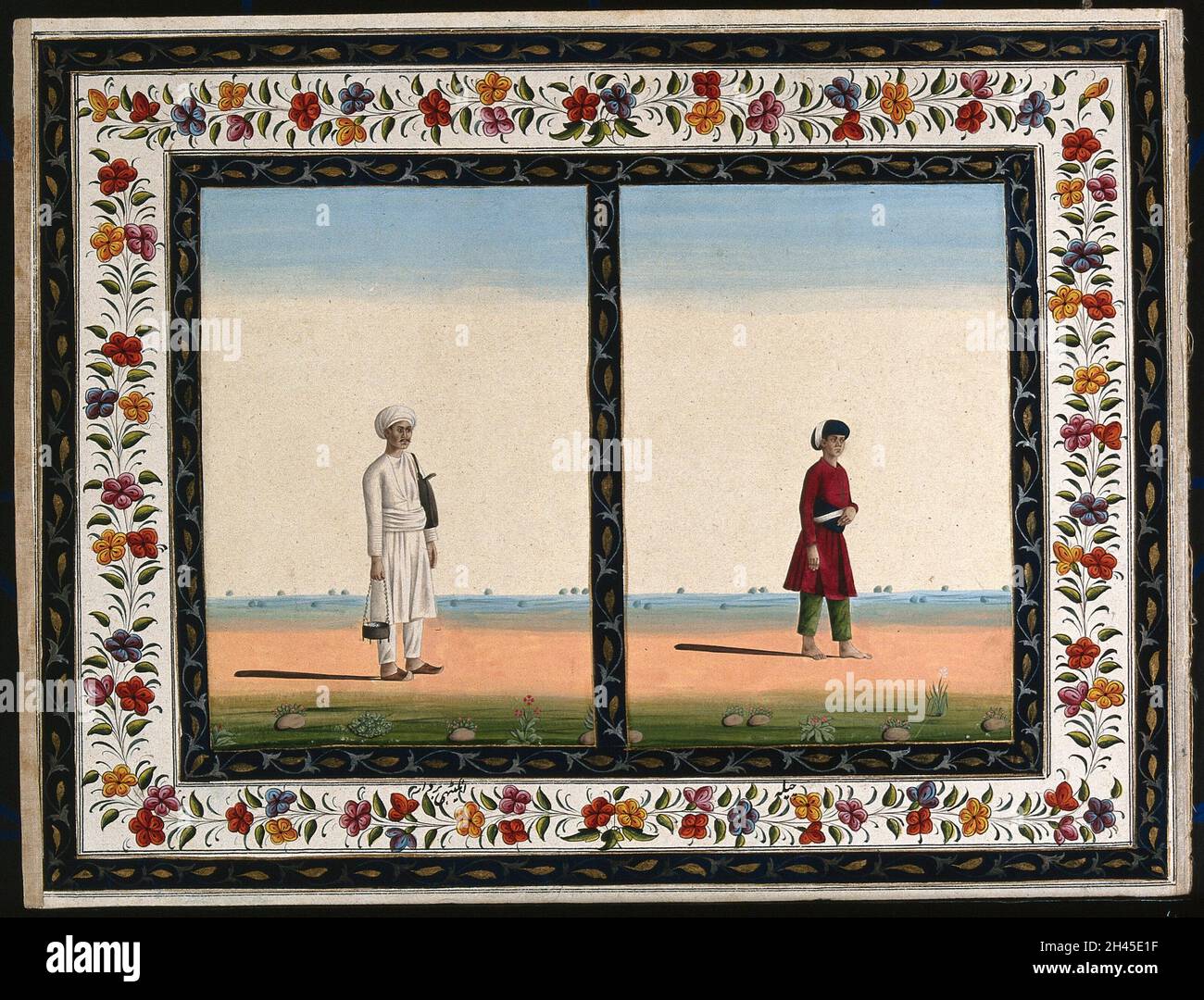 Two Indian men, one carrying a brazier, the other in a red tunic ...