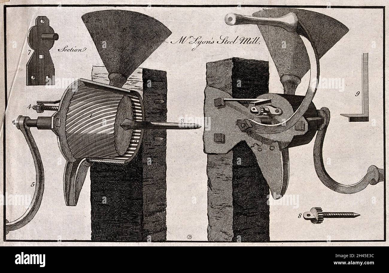 A grinding mill made of steel, in section and rear elevation. Engraving ...