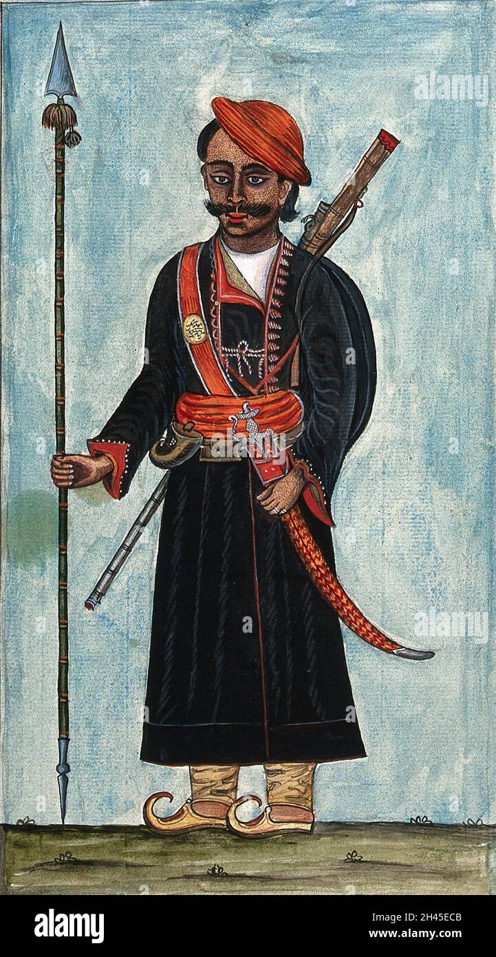 An Indian guard in his uniform. Gouache painting by an Indian artist ...