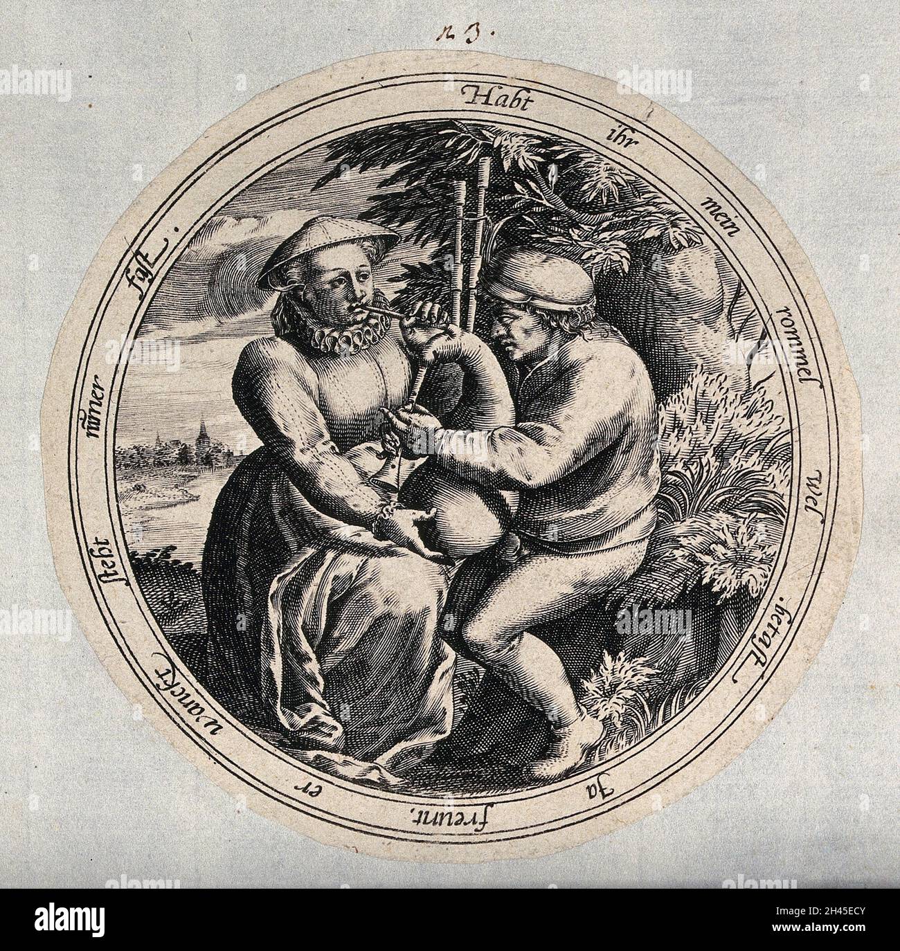 A woman plays the bag pipes. Engraving Stock Photo - Alamy