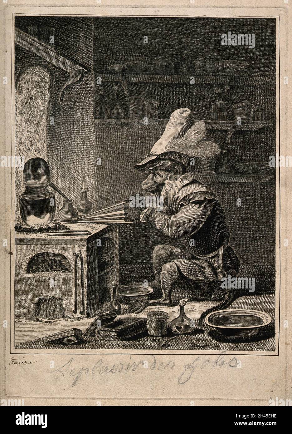 An monkey-alchemist pumps a bellows in a laboratory; alluding to the ...