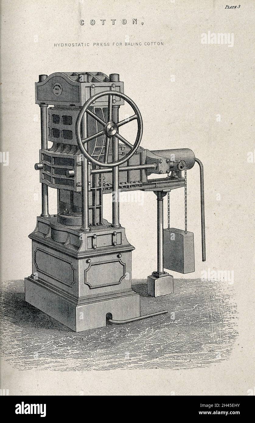 Textiles: a steam-driven baling machine for cotton. Engraving Stock ...