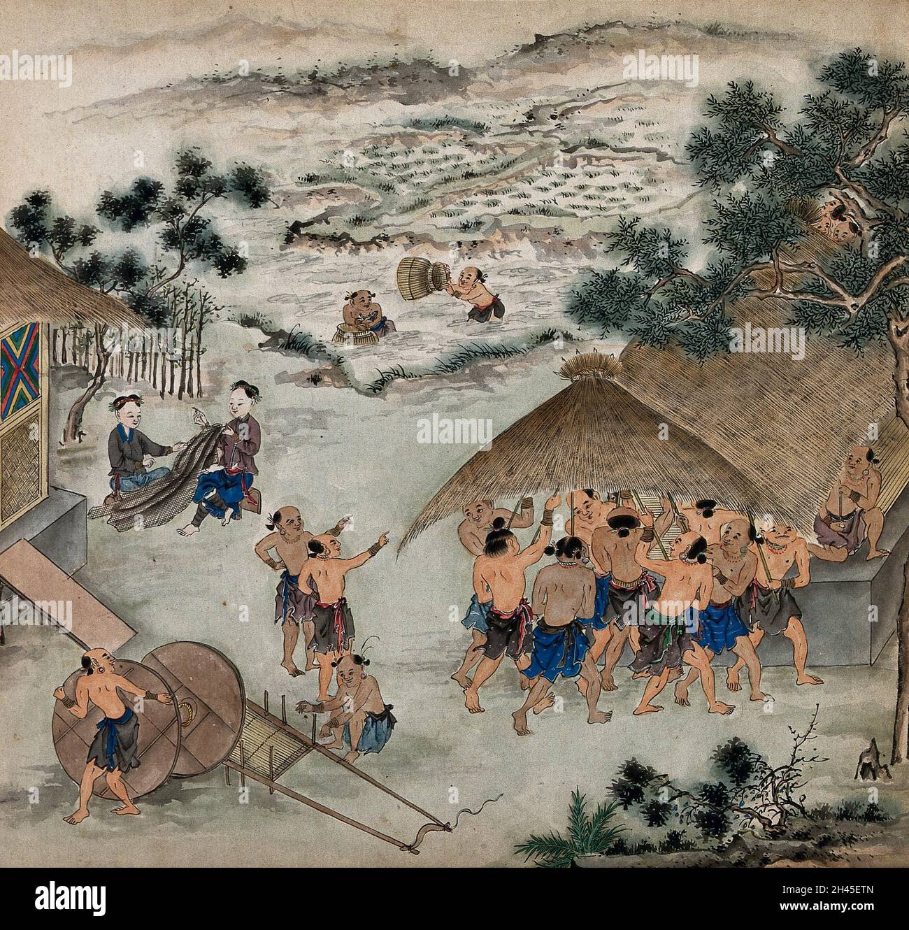 Formosan tribal peoples engaged in raising the thatched roof of a hut ...