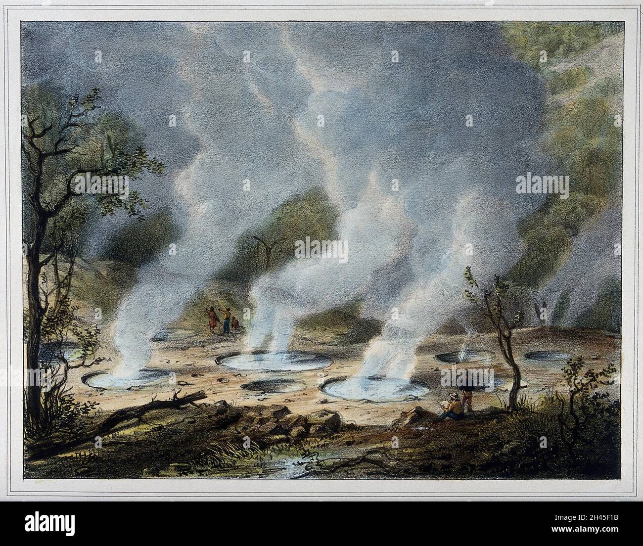 Hot mud wells in the crater of the volcano Papandayan, Java. Coloured ...