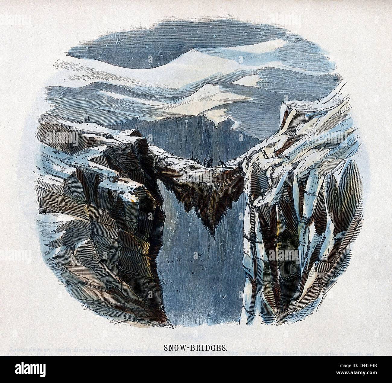 Geography: a snow bridge formed between two glaciers. Coloured wood ...