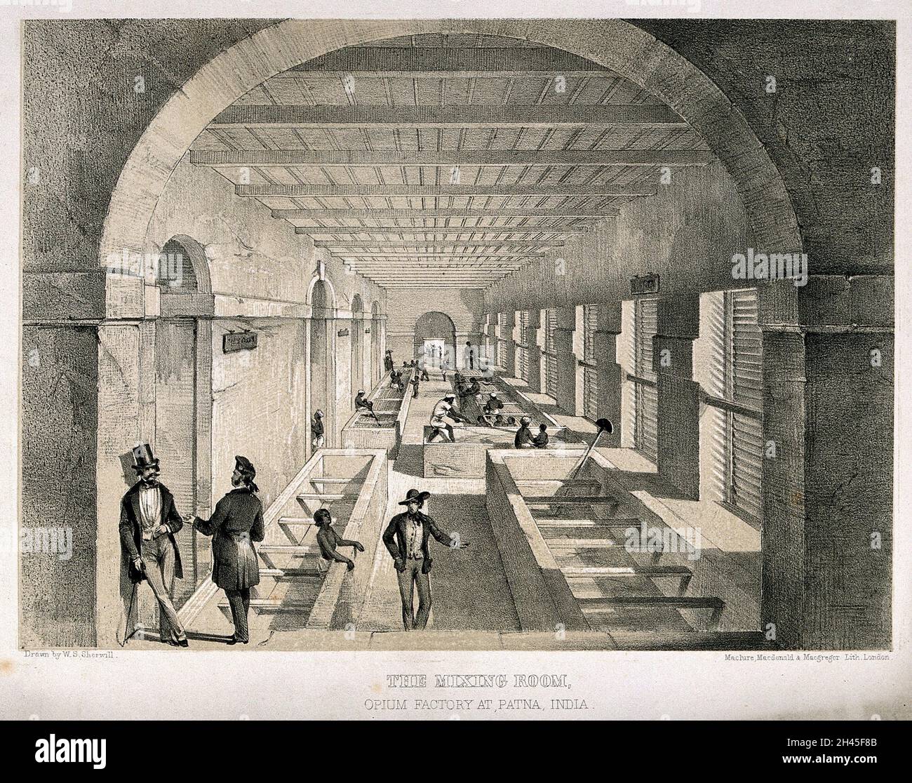 A busy mixing room in the opium factory at Patna, India. Lithograph ...