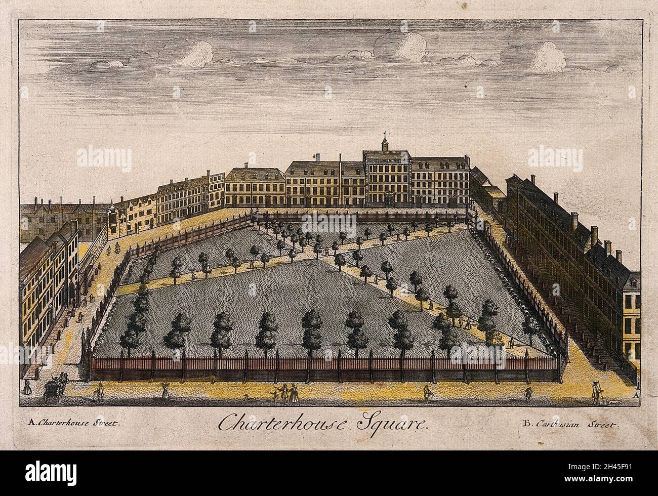 Charterhouse Square, London: a bird's-eye view. Coloured engraving ...