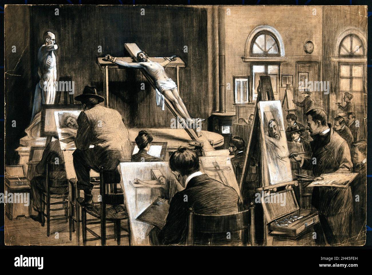 A life class in Rome with a model posed as a crucified man with an ...