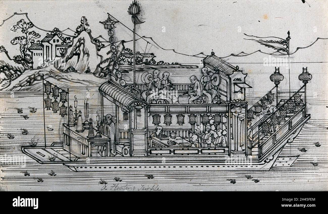 A floating Chinese temple, including an altar, musicians and prayer ...