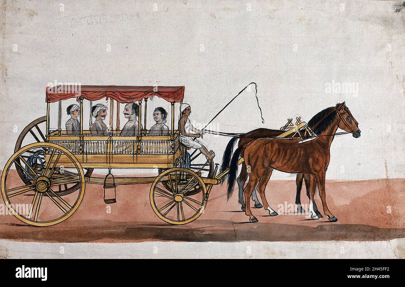 Four people sitting in a horse drawn carriage with a canopied top ...