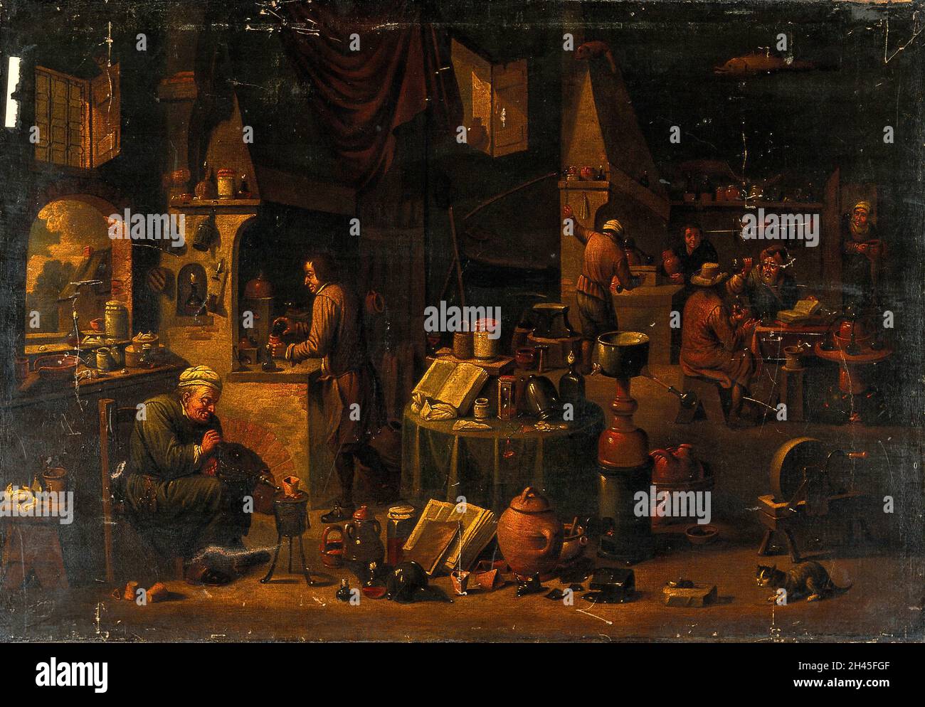 An alchemist in his laboratory. Oil painting by a follower of David ...