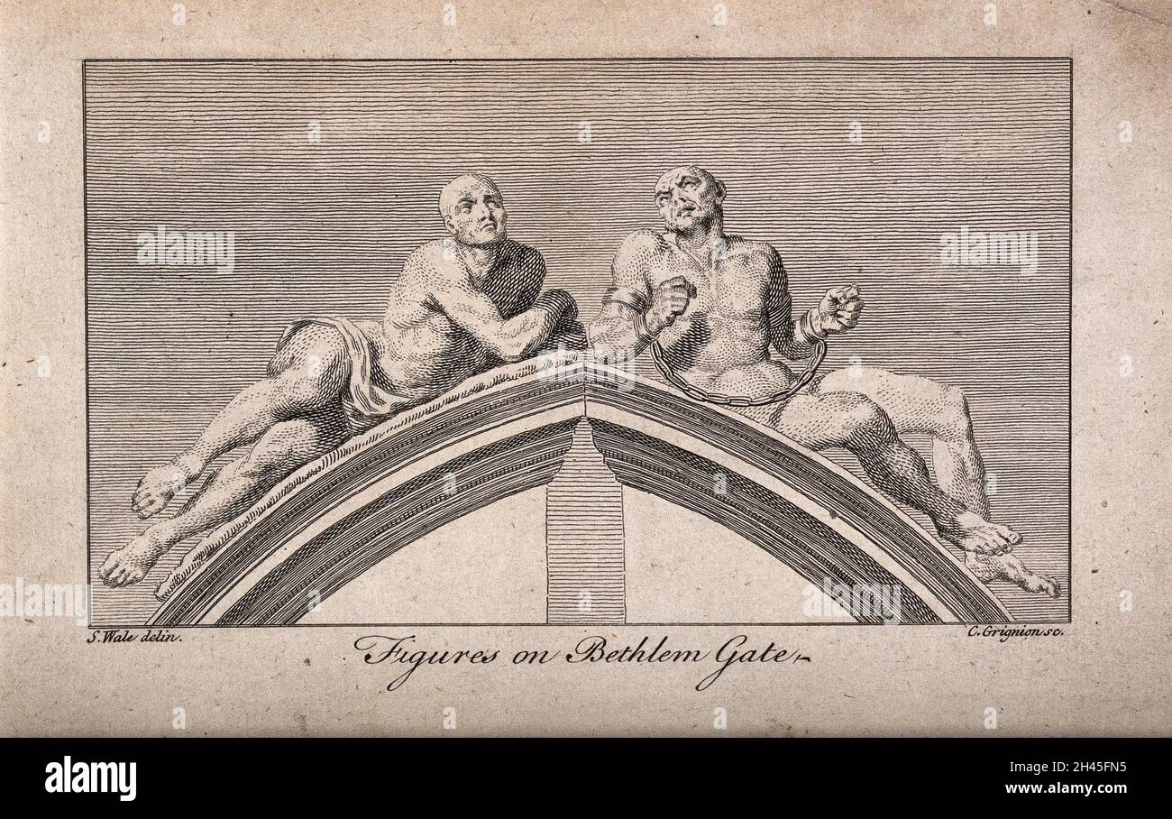 Statues of "raving" and "melancholy" madness, each reclining on one ...