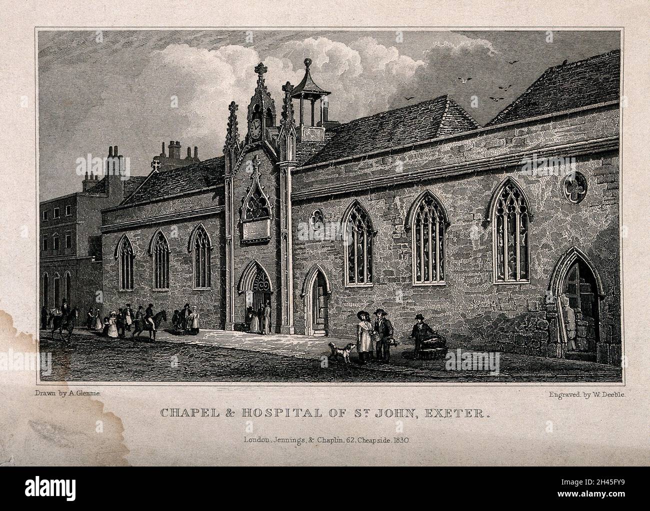 St. John's Hospital and Chapel, Exeter: front with street life. Line ...