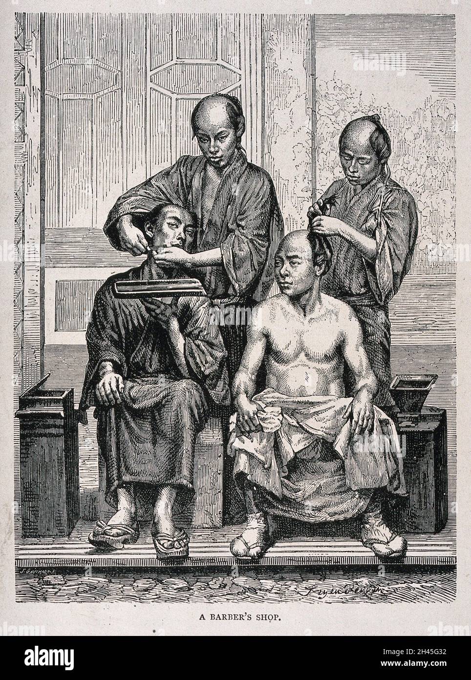A barber's shop: an assistant shaves a seated customer, a second ...