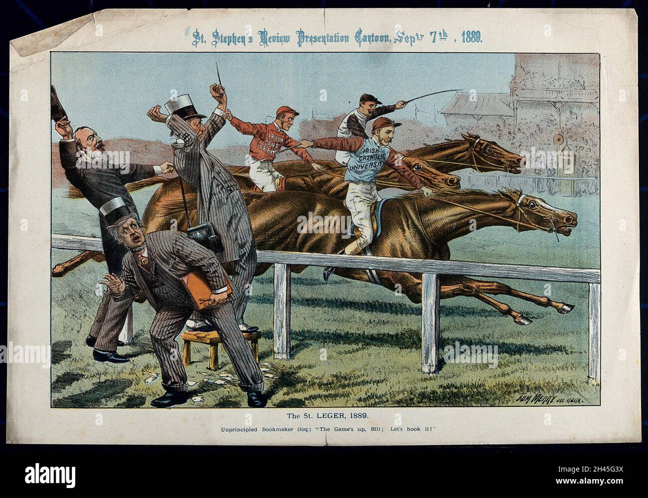 Three bookmakers are watching a horserace. Colour lithograph by Tom ...