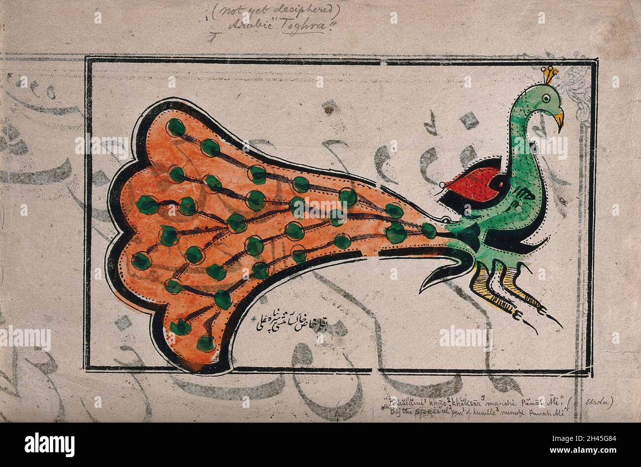A peacock forming a tughra (cipher). Woodcut by an Indian artist, late ...