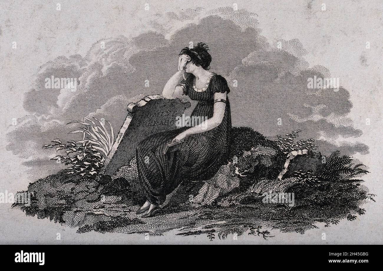 A distressed young woman leaning on a tombstone in a graveyard. Etching ...