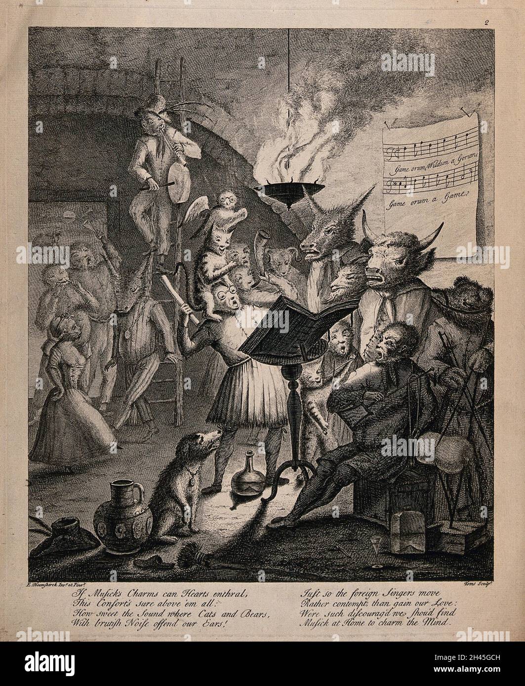 Figures with animal heads are playing musical instruments and singing ...