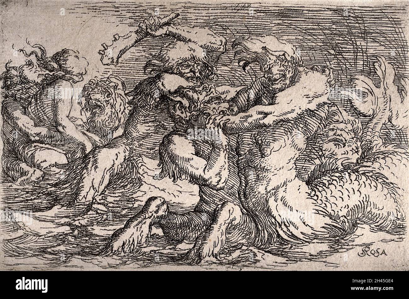 Sea monsters fighting. Etching by S. Rosa Stock Photo - Alamy