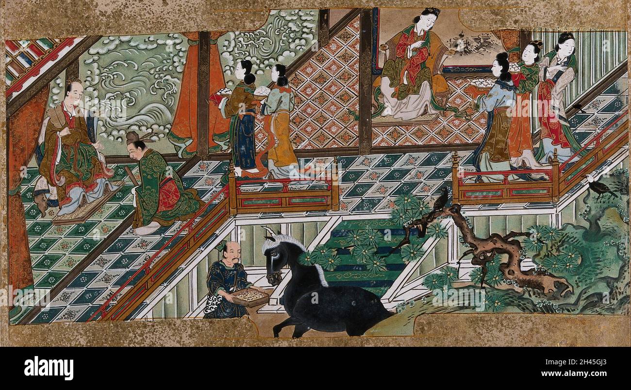 A messenger arrives at a Chinese court. Gouache painting by a Chinese ...