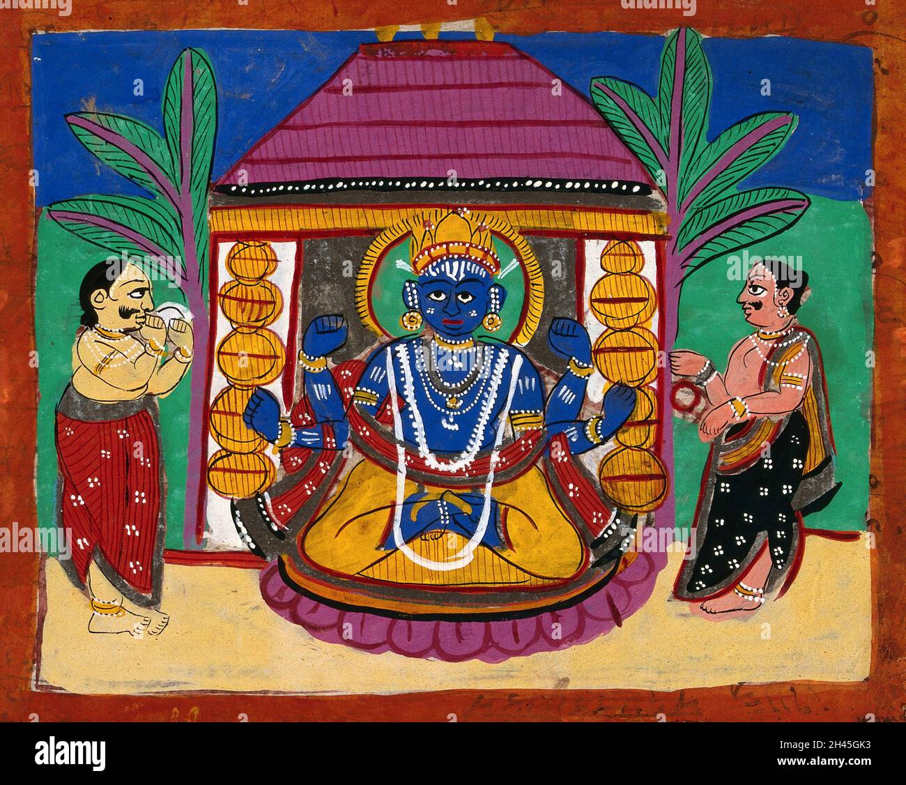 Four-armed form of Vishnu with two worshippers. Gouache drawing Stock ...