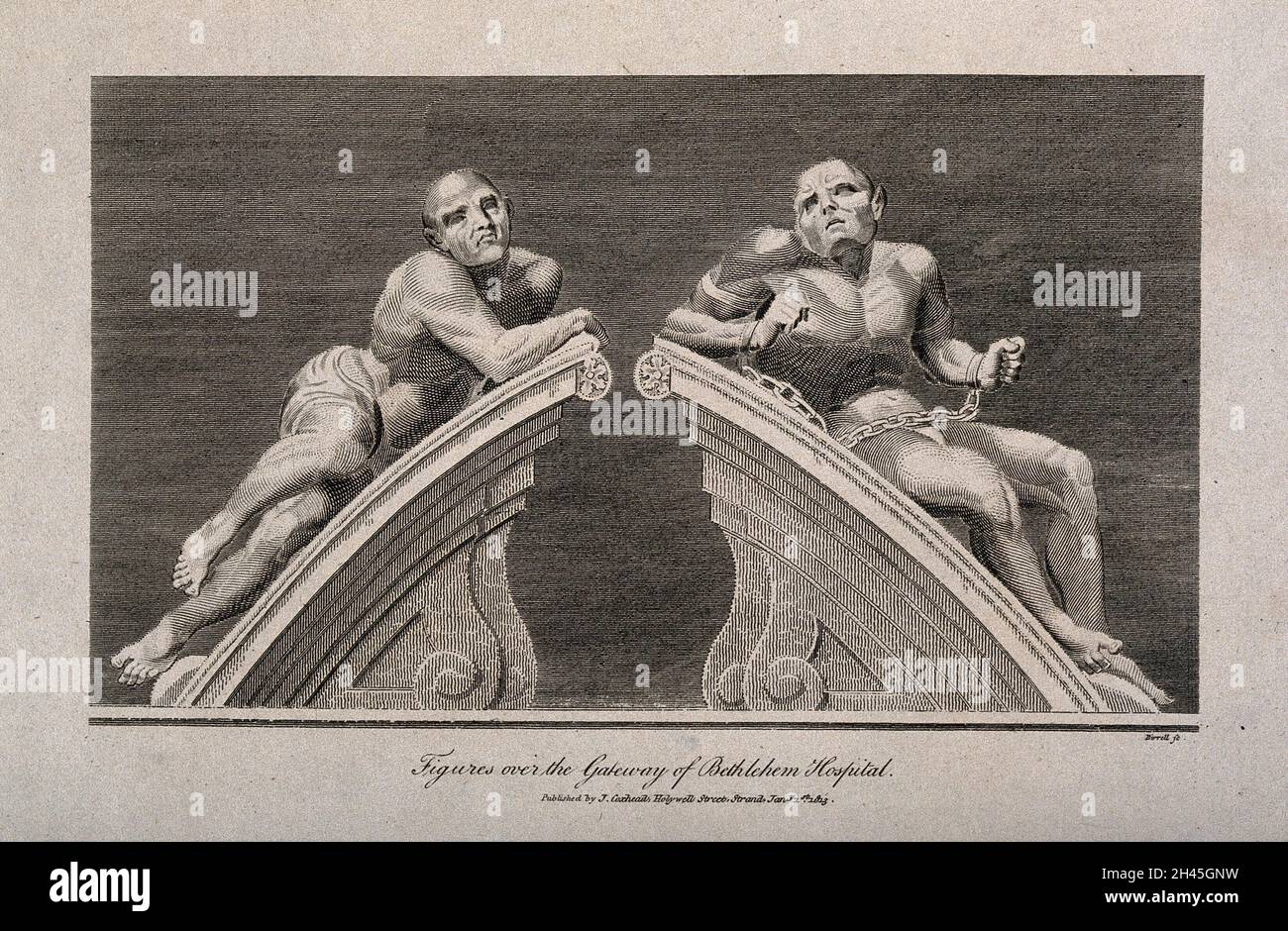 Statues of "raving" and "melancholy" madness, each reclining on one ...