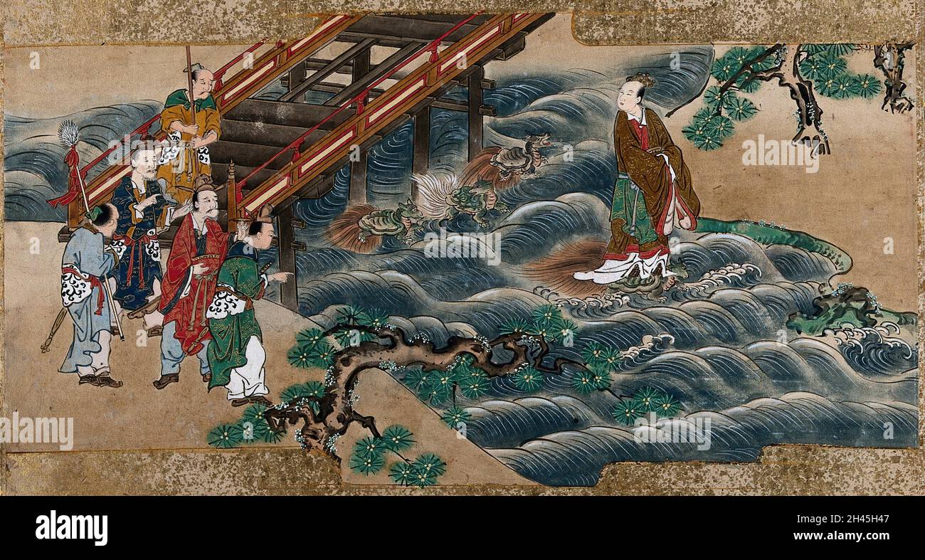 A Chinese holy man is carried by a turtle across the river, while ...