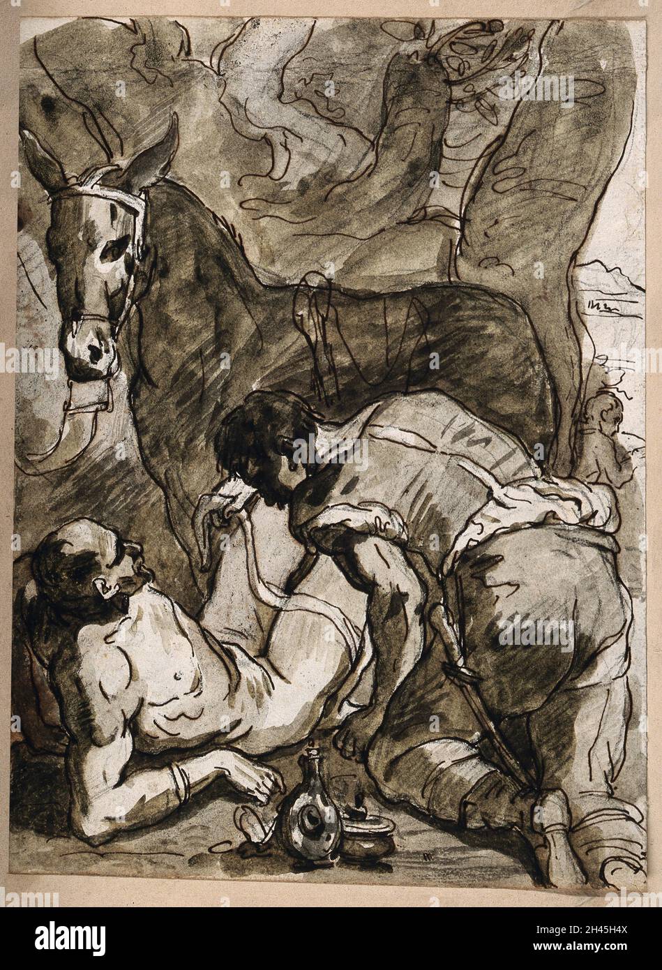 The good samaritan bandaging a wounded man with oils and wine. Pen and ...