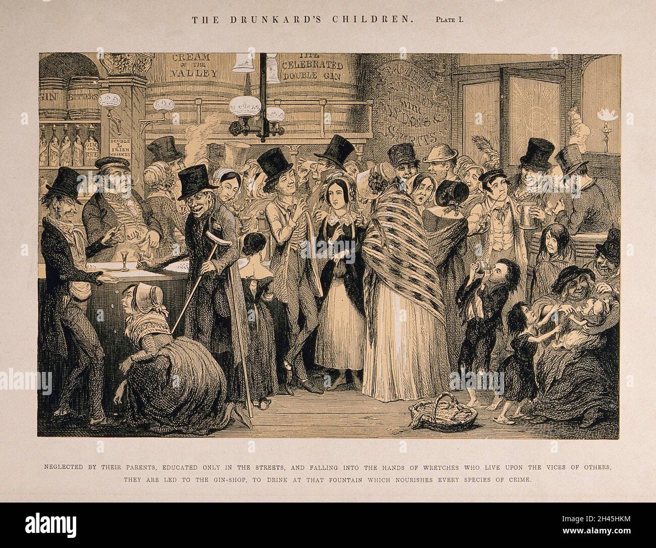 A drunken scene in a gin shop with children being given alcohol ...