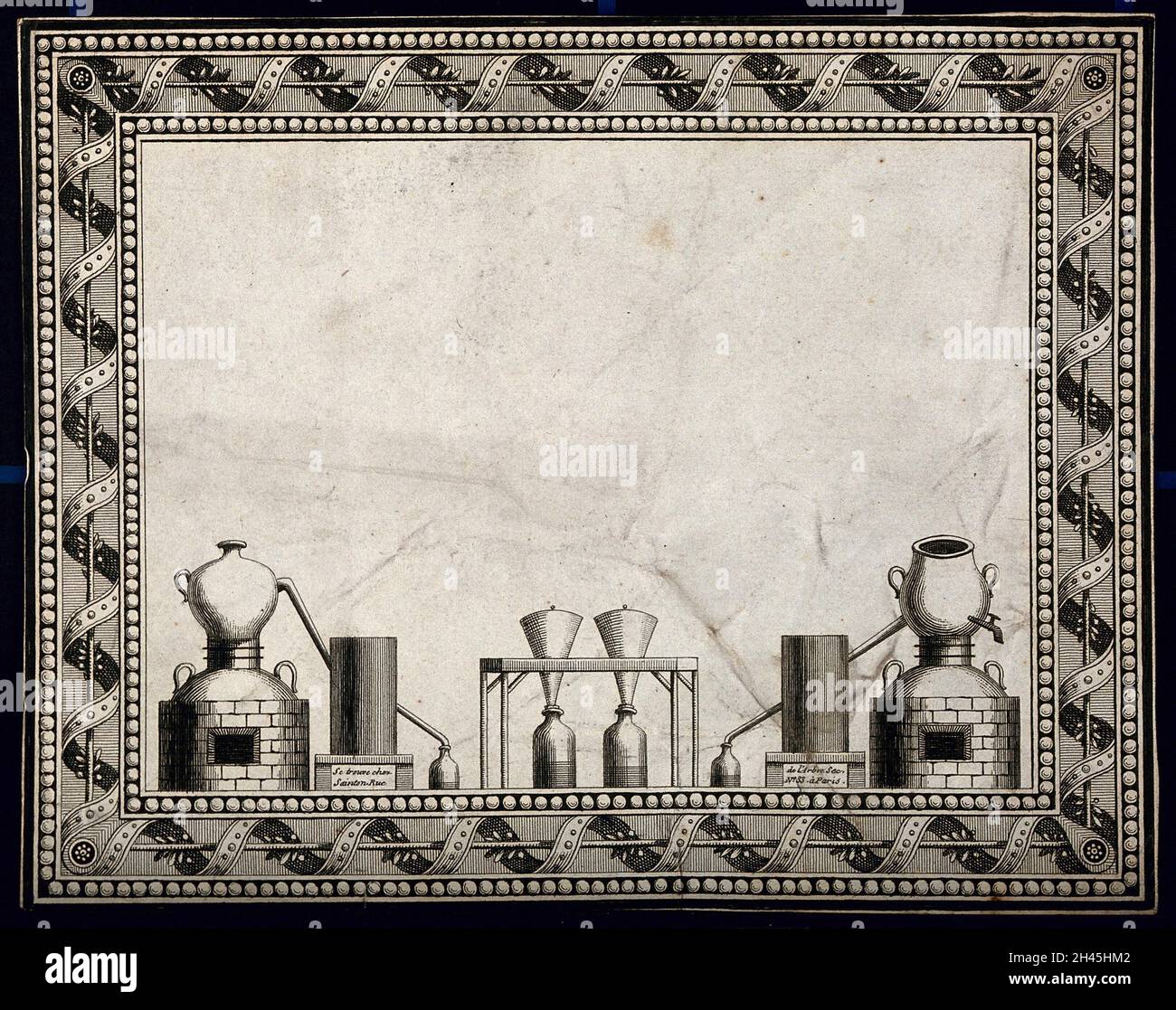 A design for a pharmacy label with scientific equipment and an ornate ...