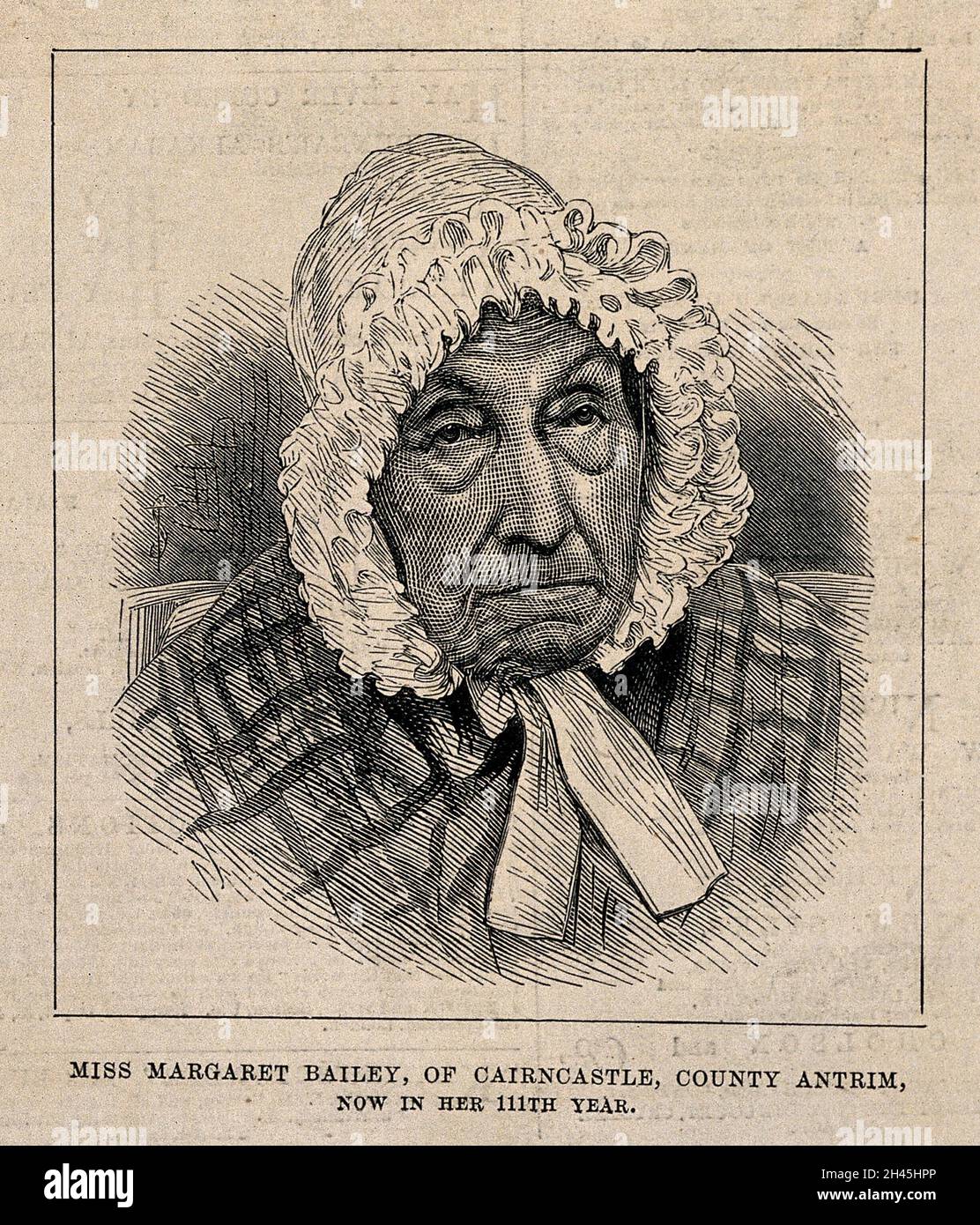 Miss Margaret Bailey, aged 111. Reproduction of a wood engraving Stock ...