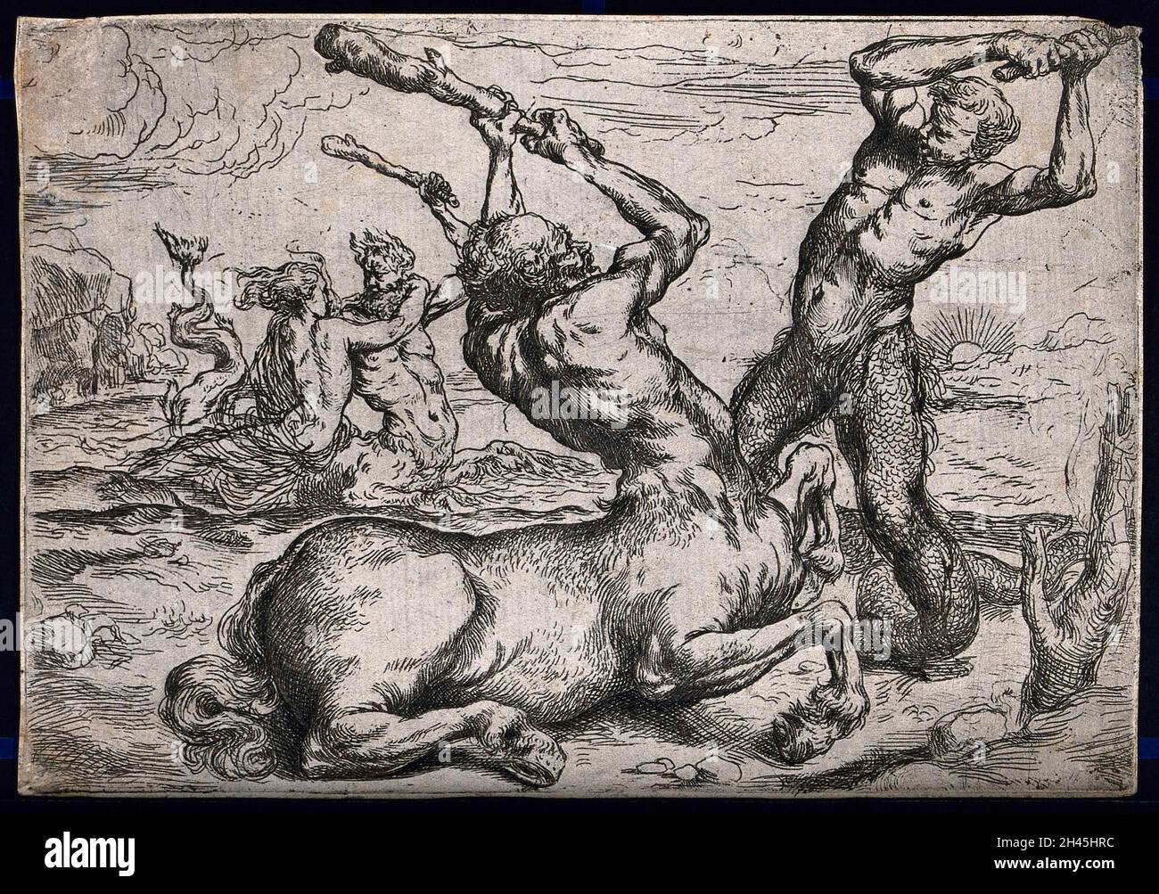 A centaur fighting a triton on a sea shore, while in the background ...